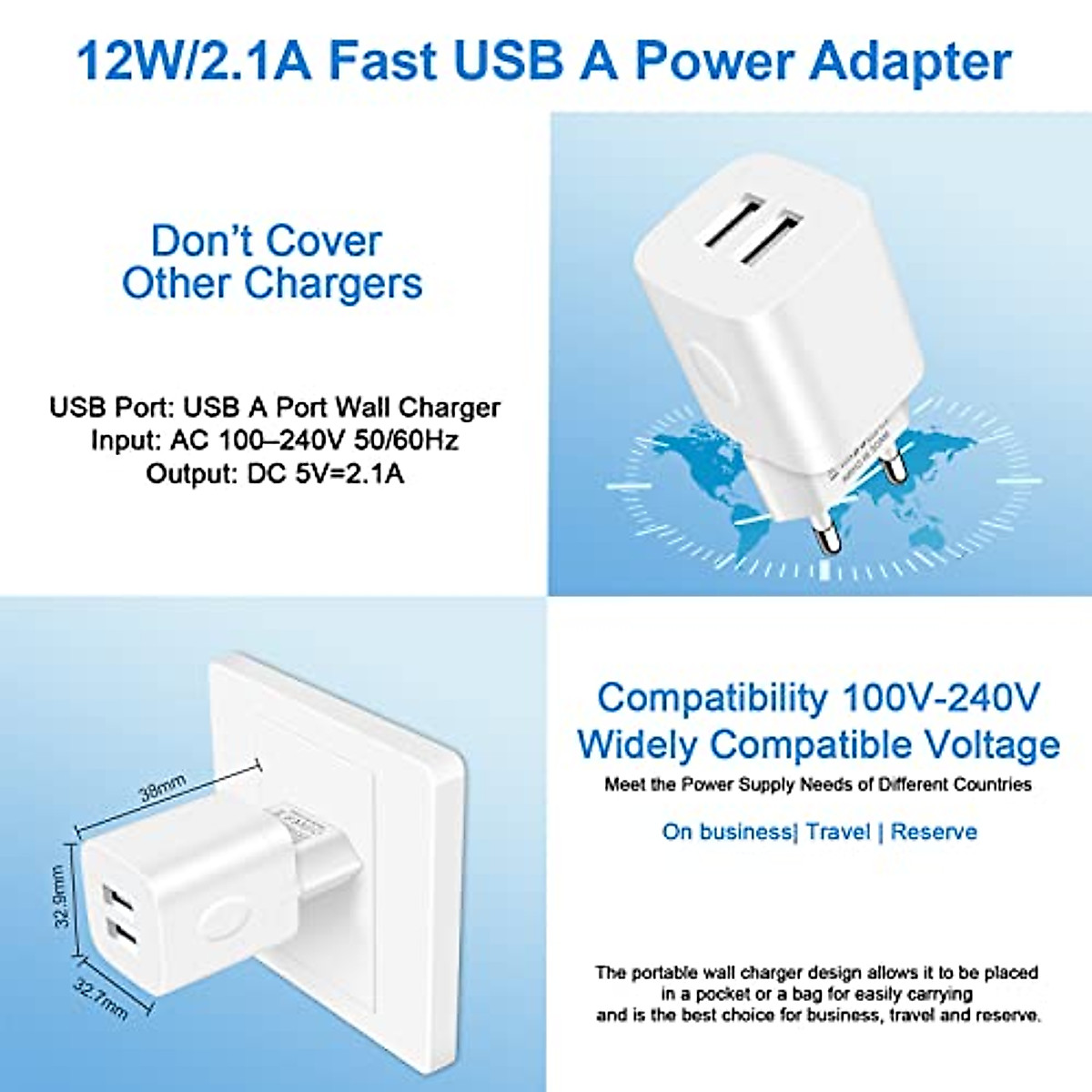 European Travel Plug Adapter Charger for iPhone Samsung Android Phone,International Power Adaptor with 2 Charger Port USB, EU Wall Charging Block Brick Plug in Europe Germany Outlets Power Strip