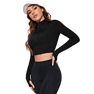 SweatyRocks Women's Long Sleeve Stand Collar Zip Up Crop Top Stretchy Sports Jacket Activewear Black S