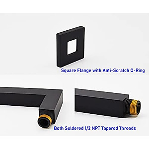 Aquaiaw Square Shower Arm and Anti-Scratch O-Ring Flange, 16 inch, Solid Brass, Soldered 90 Degree Drop, Both Soldered 1/2 NPT Tapered Threads, Wall Rain Shower Head Extension Arm (Matte Black)