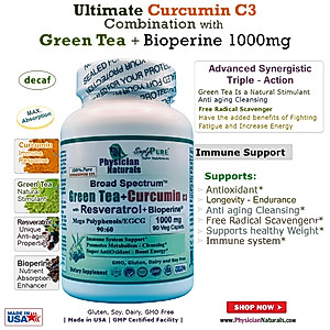 Physician Naturals Green Tea and Curcumin C3 with Resveratrol and Bioperine 1000 mg Supports Immune Joint and Colon Health