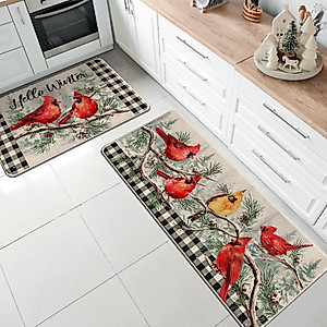 Tailus Hello Winter Cardinal Kitchen Rugs Set of 2, Red Bird Pine Tree Snow Buffalo Plaid Farmhouse Kitchen Mats Decor, Christmas Holiday Seasonal Floor Door Mat Home Decorations -17x29 and 17x47 Inch