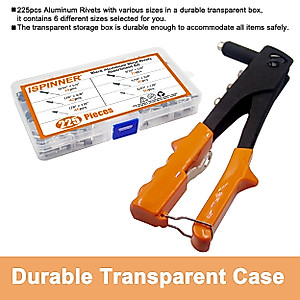 ISPINNER 225pcs Black Aluminum Blind Rivets Assortment Kit with Heavy Duty Hand Riveter Rivet Gun Tool, 6 Sizes Pop Rivets with Divider & Labeled Case