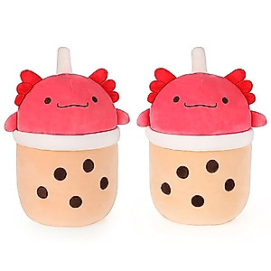MMguai 14 inch Cute Big Axolotl Boba Tea Plush Soft Hugging Pillow,Large Red Pearl Milk Tea Stuffed Animals Toy Doll for Kids Birthday,Valentine,Christmas,Halloween 
