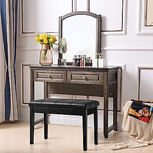 GOFLAME Piano Bench with Padded Cushion and Music Storage, Comfortable Double Duet Seat with PU Leather and Wooden Legs, Perfect for Professional or Home Use (Black)