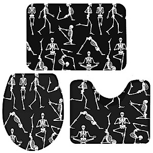 Teather Halloween Skull Bath Rugs Sets 3 Piece Funny Skeleton Yoga Bathroom Mats Set Non Slip Water Absorbent U-Shaped Contour Toilet Mat Black White Toilet Lid Cover, Halloween Black Bath Mat