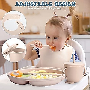 14 Pcs Baby Led Weaning Supplies Baby Feeding Set Includes Baby Plates with Suction Baby Food Freezer Tray Self Feeding Baby Utensils Silicone Bib Bowl Straw Cup for Toddler Children Eating Training