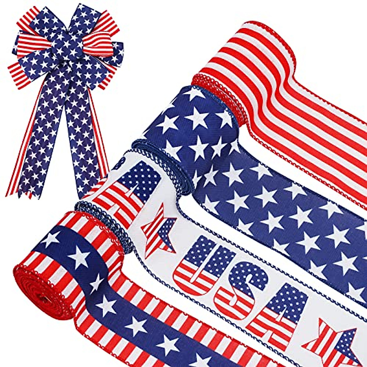 AnyDesign Patriotic Wired Edge Ribbon 24 Yards USA Flag Stars Stripes Craft Fabric Ribbon 4th of July Decorative Wrapping Ribbon for Independence Day Memorial Day Wreath Bow Making DIY Crafts, 4 Roll