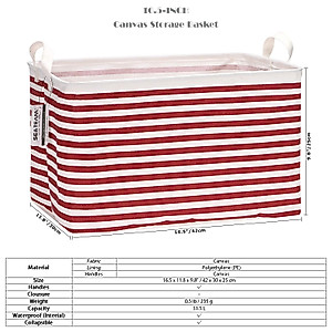 Sea Team Collapsible Canvas Fabric Storage Basket with Handles, Rectangle Waterproof Storage Bin, Box, Cube, Foldable Shelf Basket, Closet Organizer, 16.5 x 11.8 x 9.8 Inches, Red Stripe