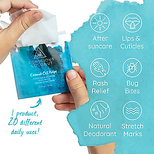 Conscious Coconut - Coconut Oil Facial Cleansing Wipes, On-the-go Makeup Remover from Virgin Coconut Oil, Individually Packed Organic Coconut Oil Wipes - For Face and Body (25 Count)