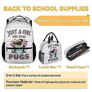 COOPASIA Cute Pug Backpack with Lunch Box and Pencil Case, 16 Inch Dog Theme Bookbag with Adjustable Straps, Durable, Lightweight, Large Capacity, School Backpack for Kids Girls Boys