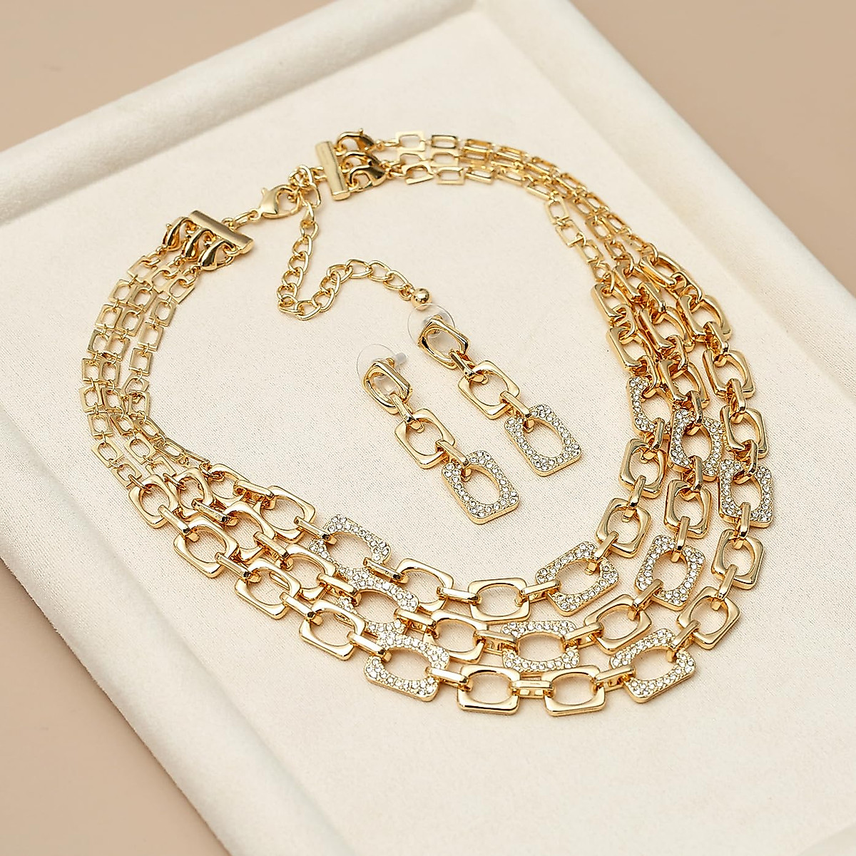 S SUSANN Chunky Collar Choker Necklace Costume Jewelry Sets for Women,Multilayered Square Link Chain Necklace and Earrings Set Perfect for Parties Weddings and Festivals