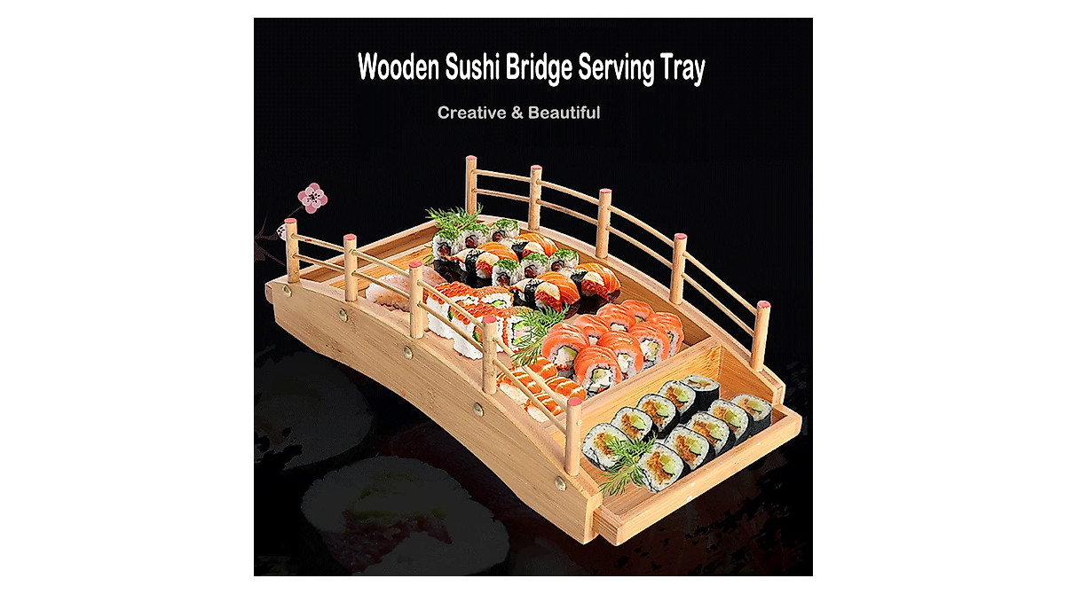 WINIAER Wooden Arch Bridge Sushi Boat Serving Tray