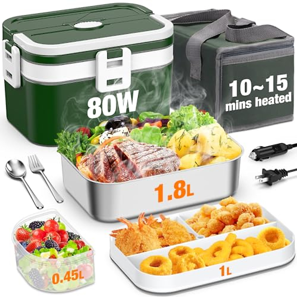 Electric Heated Lunch Boxes Adults,80W Faster Food Warmer, Lonchera Eléctrica Portátil 1.8L +1L Double Layer Leak-Proof Heated Lunchbox for Car/Truck/Office/Home With Fork & Spoon&Bag&0.45L Fruit Box