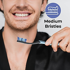 Reach Essentials Toothbrush with Toothbrush Covers, Multi-Angled Medium Bristles, Contoured Handle, Tongue Scraper, 6 Count