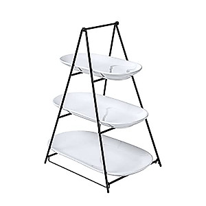 UNICASA 3 Tier Serving Tray - White Oval Serving Plate Dishes, Party Trays and Platters with Metal Rack for Cake, Snack, Fruit - Chips and Dips Serving Set
