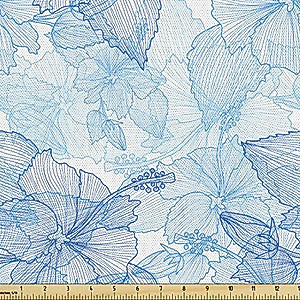 Lunarable Blue and White Fabric by The Yard, Hibiscus Flowers Tropical Foliage Hand Drawn Monotone Design, Decorative Fabric for Upholstery and Home Accents, 1 Yard, Blue White