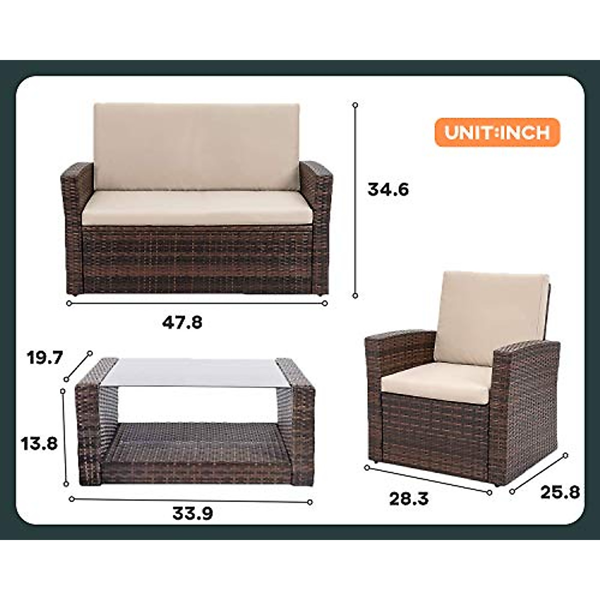 PayLessHere Rattan Chair Outdoor Backyard Porch Poolside Balcony Garden Furniture with Coffee Table, Brown