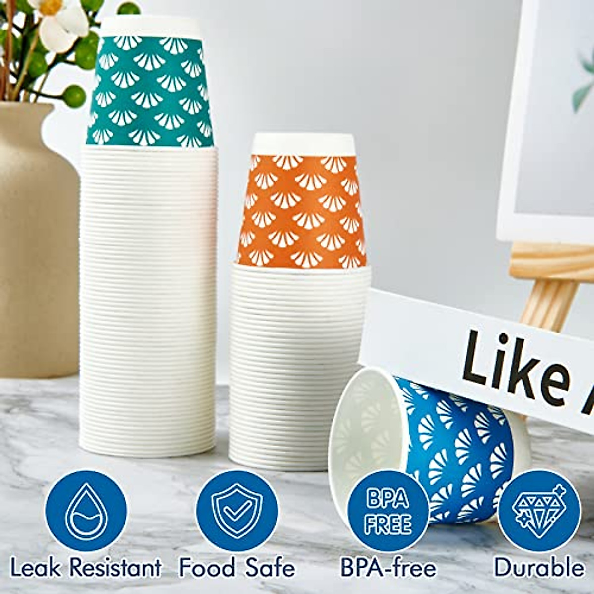 JollyPack [1200 Pack] 3 oz Paper Cups, Disposable Bathroom Cups, Small Mouthwash Cups, Rinse Cups, Orange Blue and Green Mini Cups for Candy and Biscuits, Perfect for Bathroom, Party, Picnic, Travel