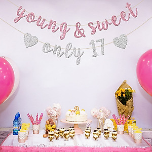INNORU Young & Sweet Only 17 Banner - Happy 17th Birthday Party Decor for Girls - Cheers to 17 Years Party Decorations Supplies, Pink & Silver Glitter