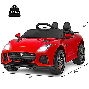 Costzon Ride on Car, 12V Licensed Jaguar F-Type SVR Battery Powered Kids' Electric Vehicles w/Remote Control, Front/Rear Lights, MP3/Music/3 Speeds/Spring Suspension, Kids Car for Toddler (Dark Red)