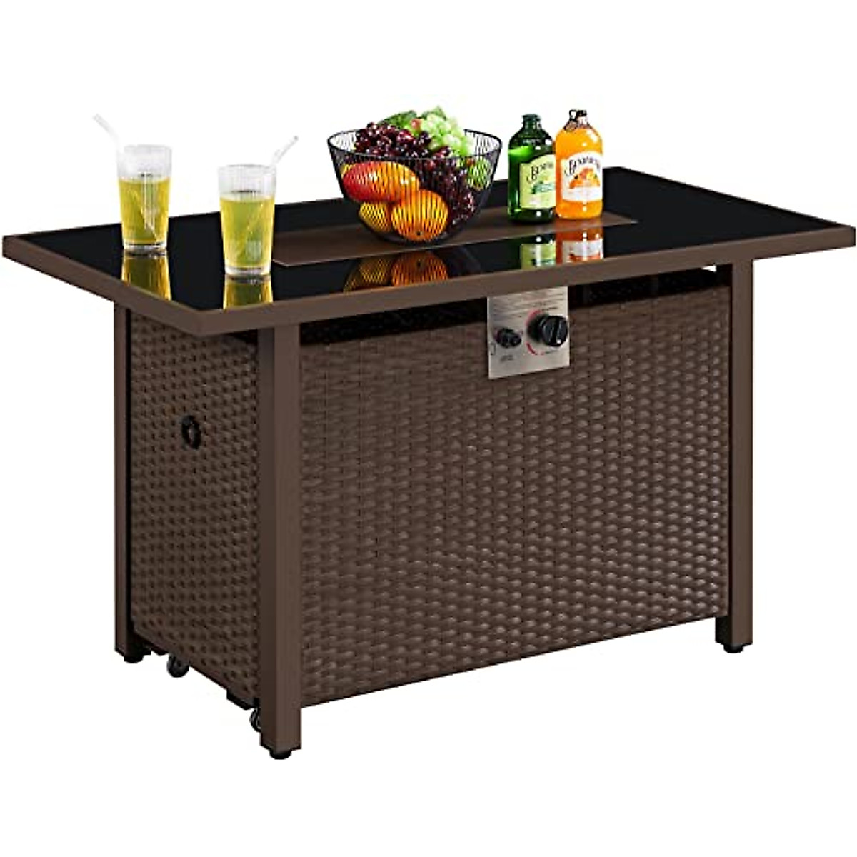 Topeakmart 43 inch Propane fire Pit Table 50,000 BTU Wicker Gas Fire Pit with Lid, Tempered Glass Tabletop, Fire Glass and Rain Cover, Outdoor Gas Fire Table for Patio Deck, Outside Heating, Brown