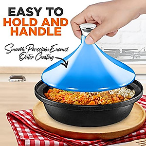 NutriChef 2.75 QT Cast Iron Moroccan Tagine - Tagine Pot with Stainless Steel Knob, Enameled Base, Cone-Shaped Enameled Lid, Oven and Dishwasher Safe, Ideal for Oven-to-Table Presentations ​(Blue)