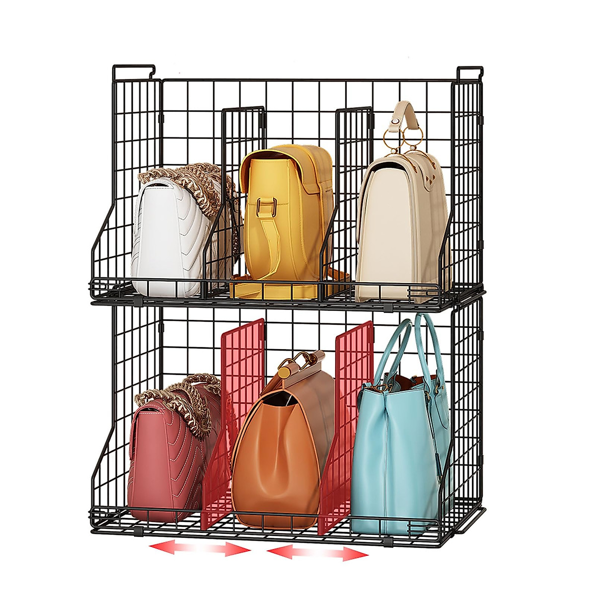 Sonyabecca Purse Storage Organizer for Closet:Adjustable Dividers Handbag Organizer,Stackable Wire Handbags Storage Baskets-Small and Medium-Sized Wallets Tote Chain Bags Clutches