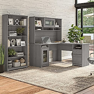 Bush Furniture Cabot L Desk with Hutch and 5 Shelf Bookcase, 60W, Modern Gray