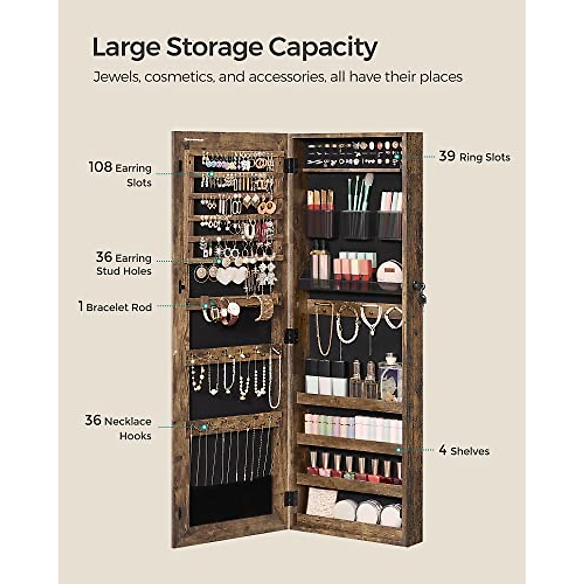 SONGMICS Jewelry Cabinet Armoire, Lockable Wall-Mounted Storage Organizer Unit with 2 Plastic Cosmetic Trays, Full-Length Frameless Mirror, Textured Brown UJJC001X01