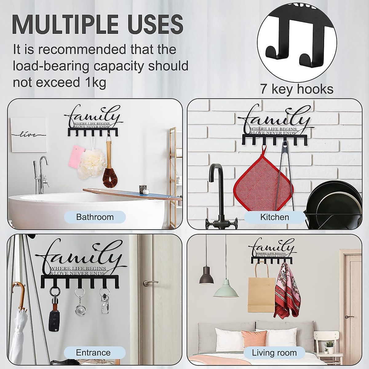 Hicarer Family Key Holder Metal Family Key Hooks Decorative Family Key Hanger Black Key Rack Wall Mount Key Organizer with Screws and Anchors for Keys Hat Kitchen Entryway Front Door Home Decor