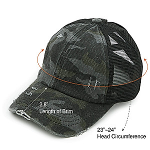 C.C Exclusives Washed Distressed Cotton Denim Criss-Cross Ponytail Hat Baseball Cap Bundle Hair Tie (BT-783) (A Elastic Band-Black/Camo)