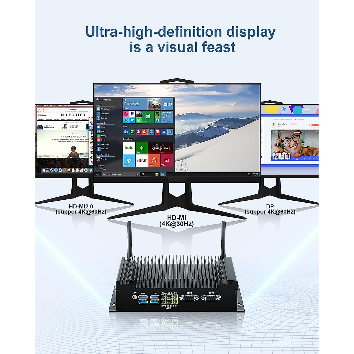 VENOEN Fanless Mini PC, Industrial PC, Core i5 8260U, W11 Pro, 3-Display, 2X HD, DP, GPIO, RS232/485 COM, Dual LAN, M.2 WiFi AC, BT4.2, 4G Model Slot, RAID, Auto Power On, 16GB RAM 512GB M.2 SSD