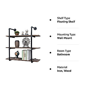 Industrial Pipe Shelving Wall Mounted,36in Rustic Metal Floating Shelves,Steampunk Real Wood Book Shelves,Wall Shelf Unit Bookshelf Hanging Wall Shelves,Farmhouse Kitchen Bar Shelving(3 Tier)