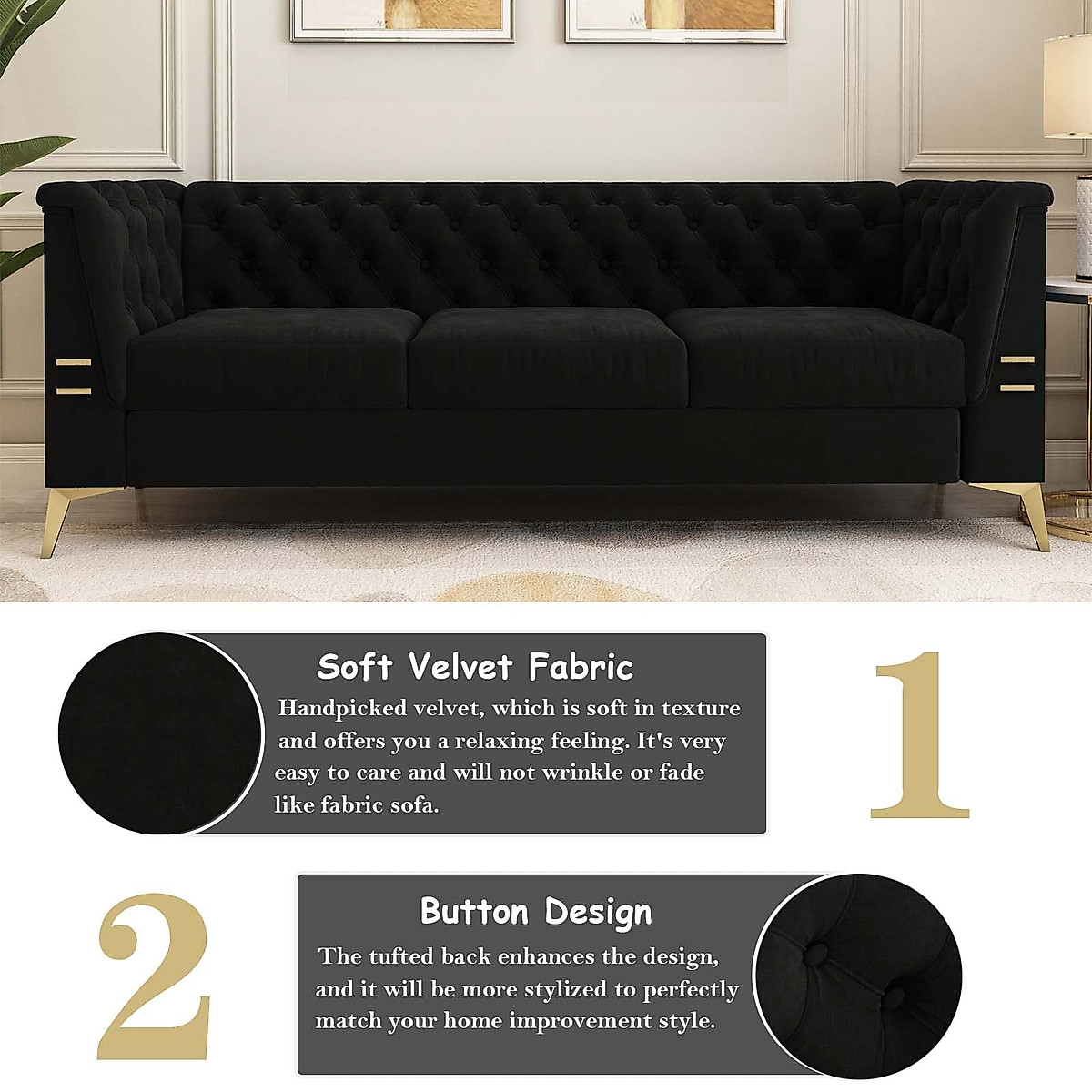 Tomkate Chesterfield Sofa, 82" Velvet Upholstered 3 Seater Couches with Flared Arms and Removable Cushions, Mid-Century Modern Sofa Couch with Solid Wood Frame and Gold Legs for Living Room (Black)