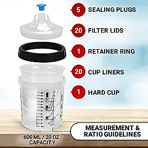 SAVITO - Paint Cups Paint Guns Automotive Cup Liners and Lid System 20 Cups Pack 20 Ounces Each Includes 20 Lids with Strainer, 1 Hard Cup with Retainer Not Compatible with 2.0