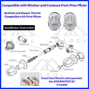 Bathtub and Shower Trim Kit for Price Pfister Compatible – Remodel/Rebuild Set with Clear Acrylic Handles, Stems, Seats & Flanges – Fits Verve & Windsor Faucets – Hot & Cold Replacement Parts