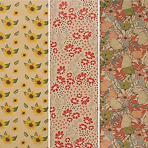 Aimyoo Kraft Floral Wrapping Paper Bundle, Vintage Flowers Sunflower Gift Wrap Paper for Wedding Bridal Shower Birthday, 3 Rolls 17 in x 12 ft per Roll