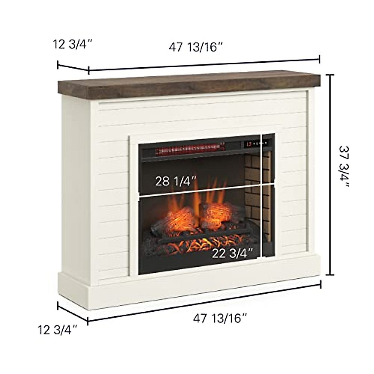 Bridgevine Home Electric Fireplace Mantel with Accent Wood Shelf and Surround, Realistic Logs and Flame Effect, Fireplace TV Stand, Adjustable LED Electric Heater with Remote Control, 48 Inch, White