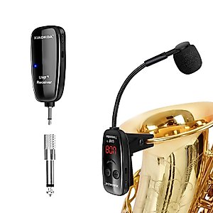 XIAOKOA UHF Wireless Instruments Microphone,Saxophone Microphone,Wireless Receiver and Transmitter,160ft Range,Plug and Play,Great for Trumpets, Clarinet, Cello