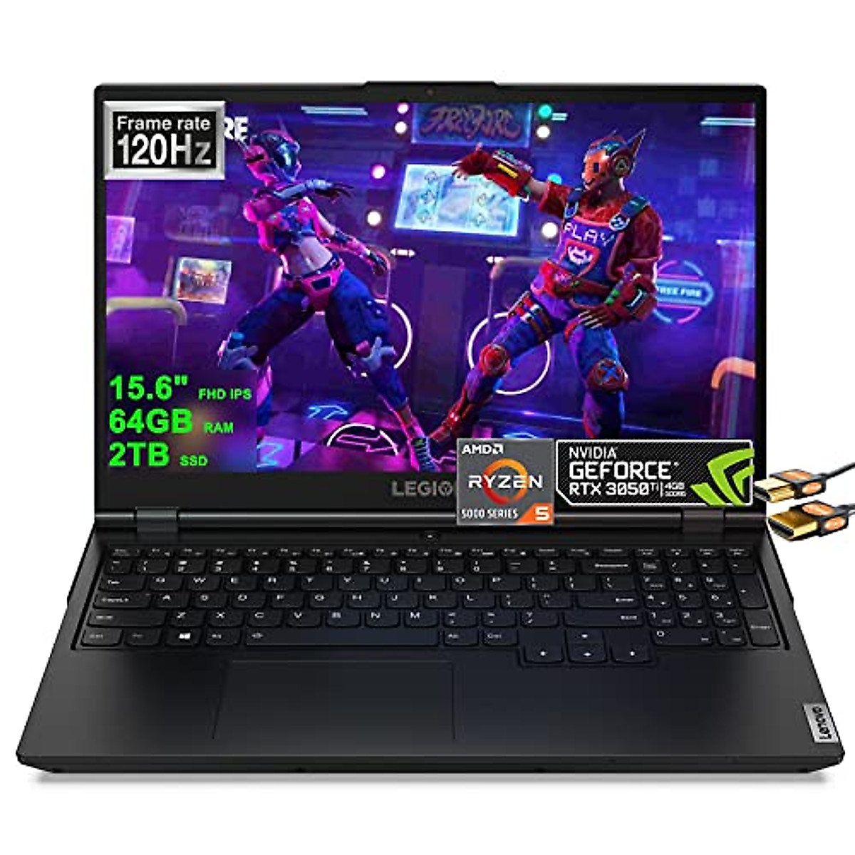 Lenovo Legion 5 15 Gaming Laptop 15.6" FHD IPS 120Hz (Anti-Glare, FreeSync) AMD Hexa-Core Ryzen 5 5600H (Beats i5-11300H) 64GB RAM 2TB SSD GeForce RTX 3050 Ti 4GB USB-C Backlit Win11 + HDMI Cable