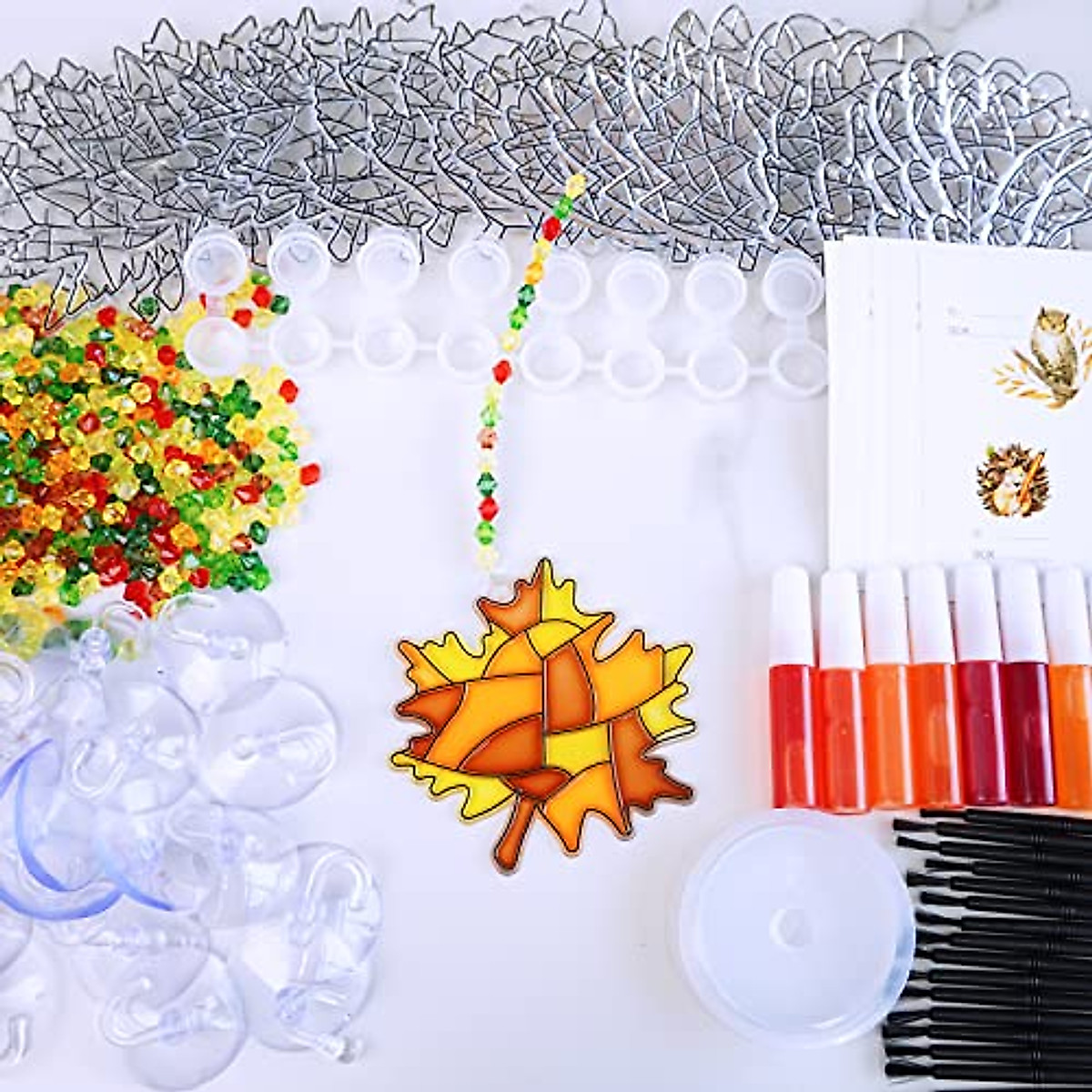 Winlyn 27 Sets Fall Leaf Suncatchers Ornaments Decorations DIY Window Paint Art Suncatchers Craft Kits Autumn Maple Leaf Sun Catchers for Kids Classroom Thanksgiving Harvest Party Activity Art Project