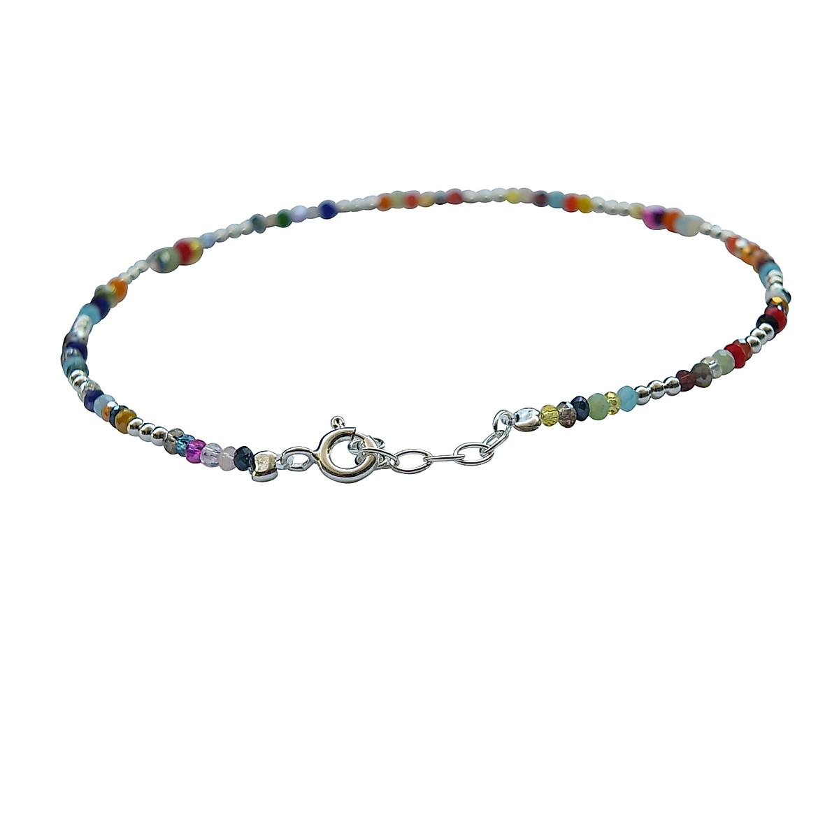 Handmade 925 Sterling Silver, Glass Beads Anklet for women, Length 9-10 inches, Adjustable Dainty Multi Color Beaded Bracelet, Beach Summer Jewelry, By MiYa Jewelry Creations