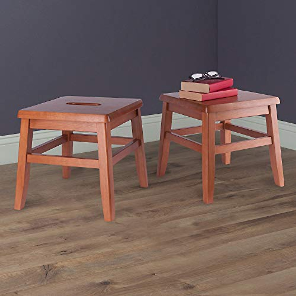 Winsome Kaya 2-Piece Conductor Stool Set, 12H in, Solid Wood, Teak Finish