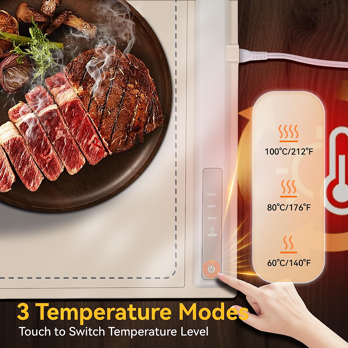 Electric Warming Tray for Food, Full Surface Heating Portable Food Warmer Mat 3 Temperature Settings, Foldable Silicone Heating Mat for Buffet, Gatherings, Parties, Beige