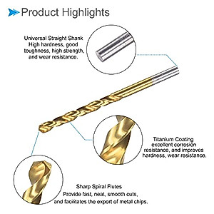 CoCud Twist Drill Bits, 5.1mm Drilling Diameter, Titanium Coated High Speed Steel 6542 Straight Round Shank - (Applications: for Stainless Steel Alloy Metal), 2-Pieces