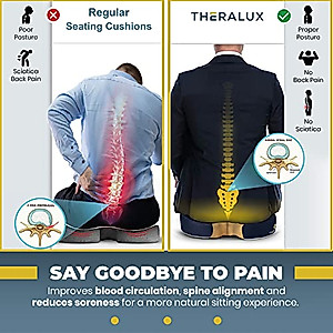 THERALUX Sciatica Pillow for Sitting Pain Relief - Memory Foam Car Seat Cushion for Office Desk Chair - Butt and Lower Back Support