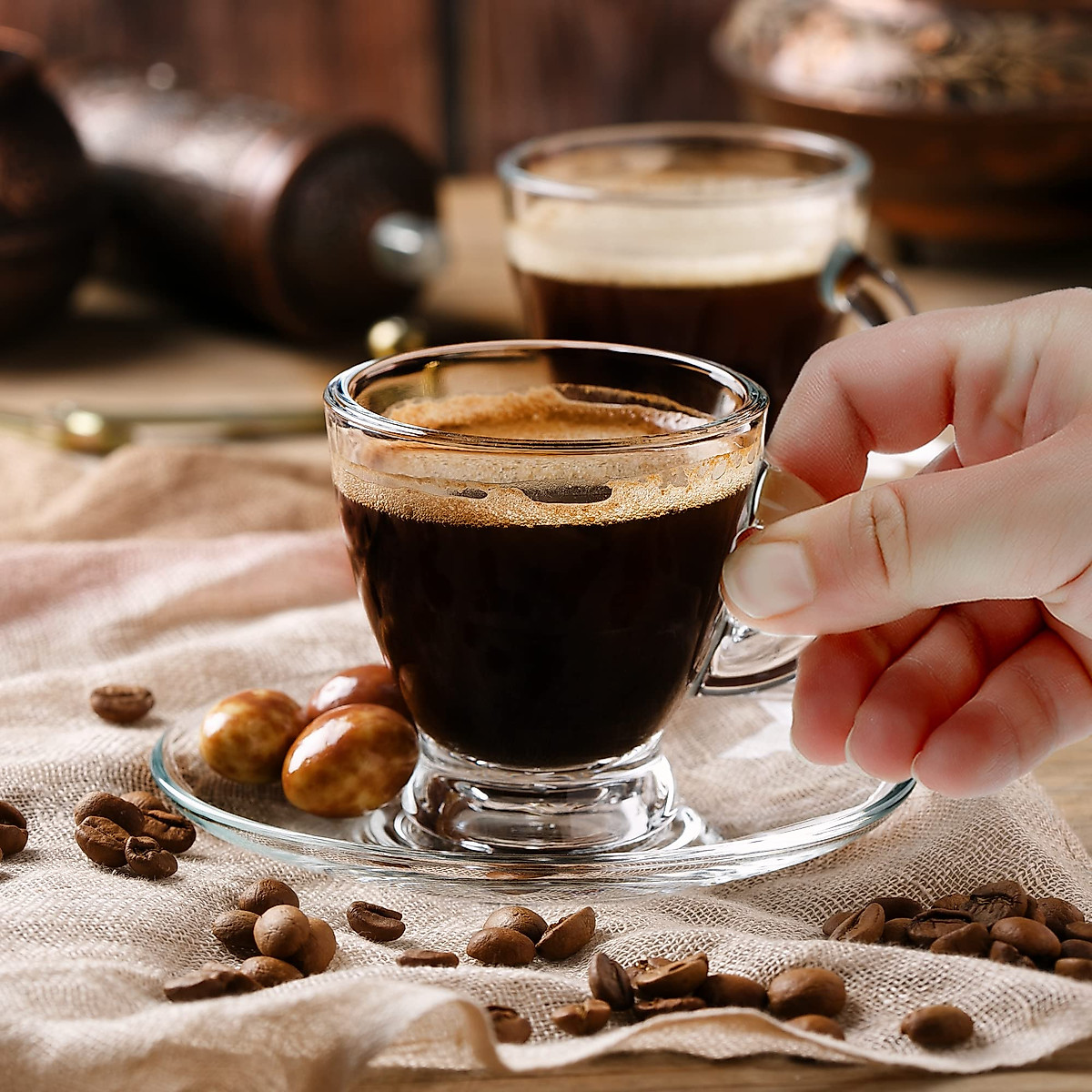 Volarium Espresso Cups with Saucers, Demitasse Clear Glass Drinkware, Set of 6 Cups and 6 Saucers for Turkish Coffee, Tea and Espresso Lover