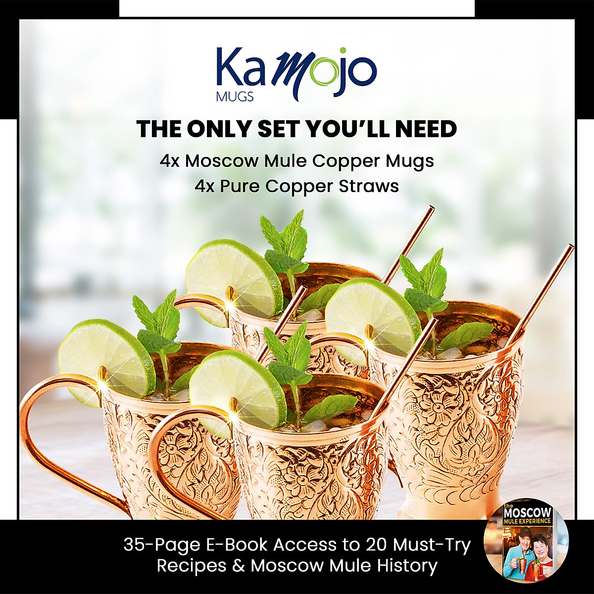 Kamojo Moscow Mule Cups Set of 4 - Premium Moscow Mule Copper Mugs with Unique Embossed Design & Anti-Tarnish, Food-Grade Coating - Copper Cups Gift Set with 4 Copper Straws & Recipe E-Book, 16 oz