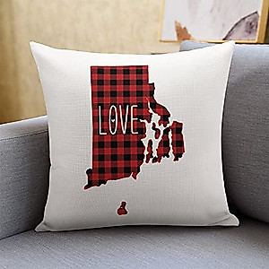 Red Black Buffalo Plaid Rhode Island State Map Throw Pillow Covers Love Pillow Case Home State Cushion Cover Going Away Gift Valentine's Day Decor Square Pillowcase Gift for Him 22"x22"