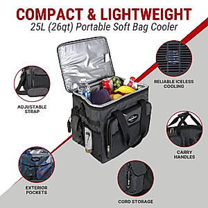 Koolatron Electric Portable Cooler Plug in 12V Car Cooler Bag,26 qt (25 L) Black/Gray Soft-Sided No Ice Thermo Electric Portable Fridge for Camping, Adjustable Shoulder StrapTravel Trucking Road Trip.
